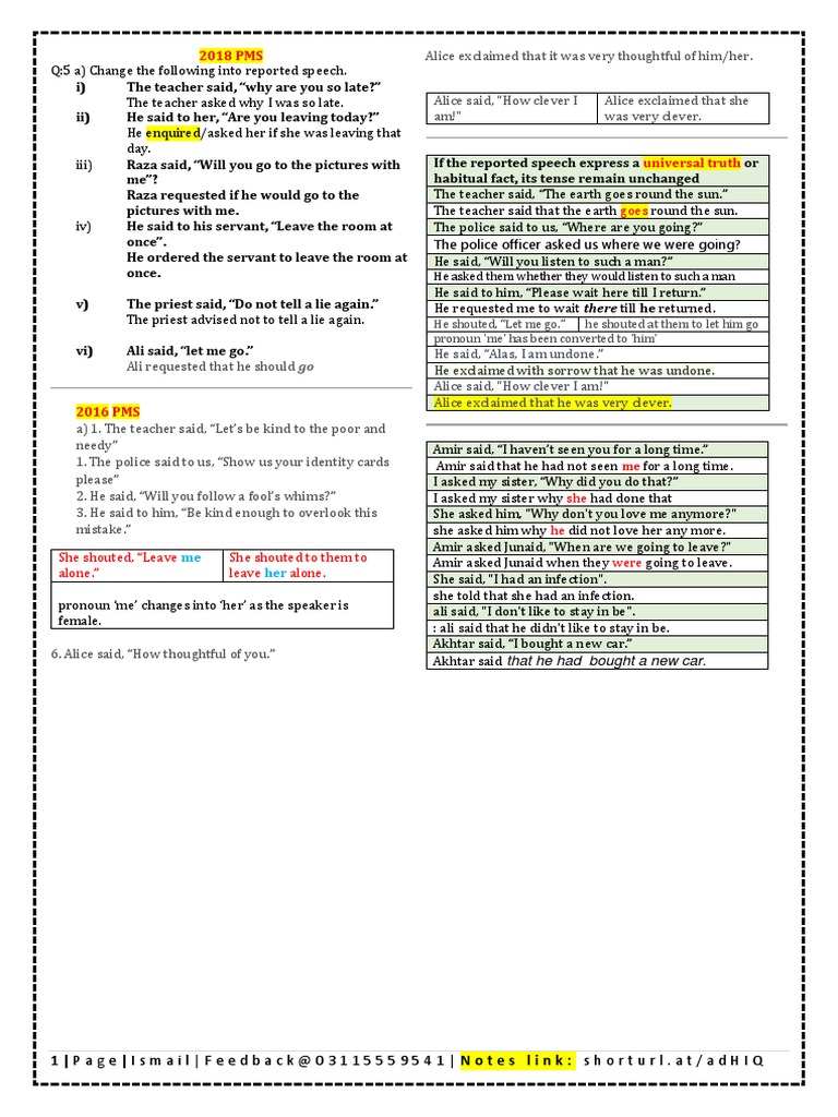 Direct and Indirect of Past Papers | PDF | Question | Verb