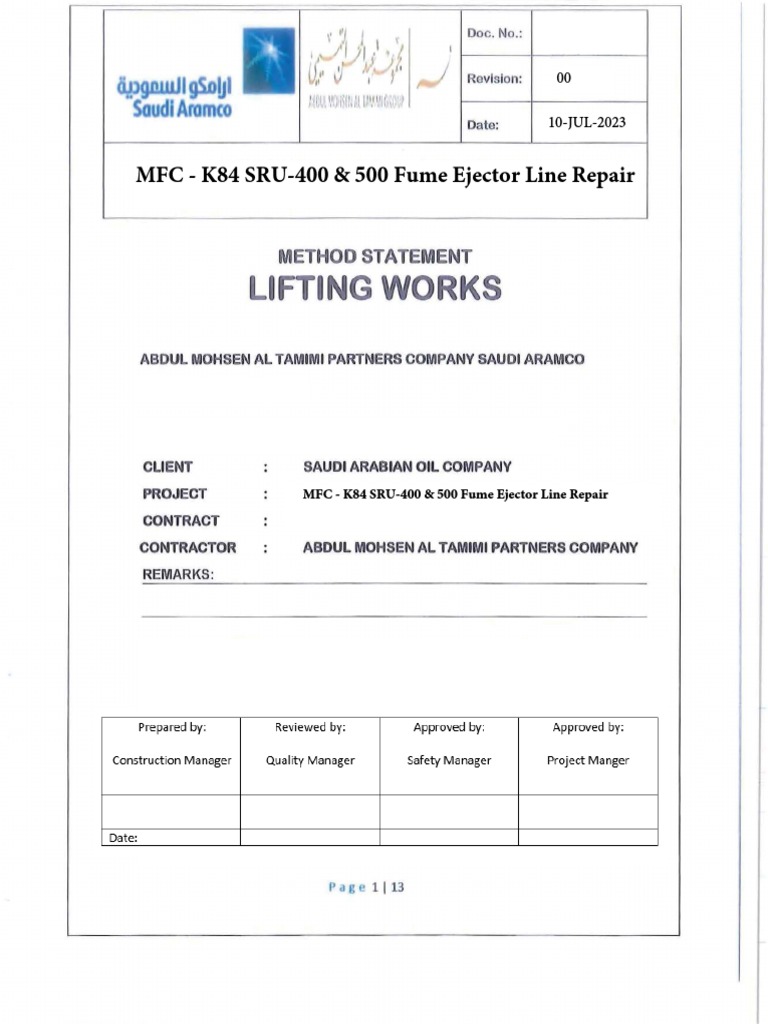 Method Statement - Lifting Works For SRU | PDF