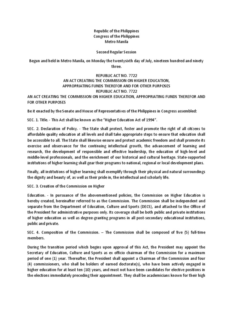 Philippine Legislation Handout Ra 7722 | PDF | Taxes | College
