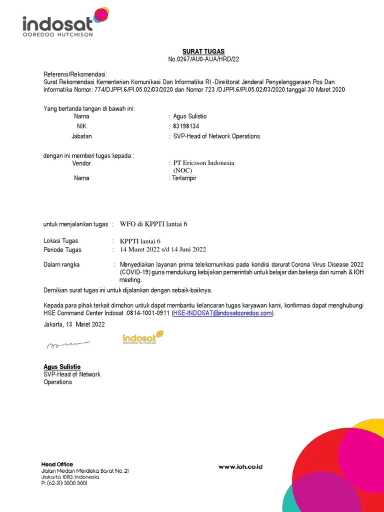 0267 - New Surat Tugas PT Ericsson (NOC) - WFO | PDF | Bisnis | Komputer