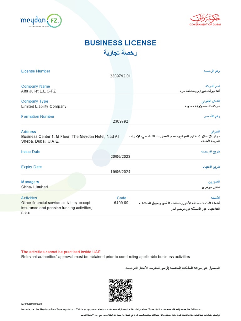 Alfa Juliet L.L.C Business License | PDF | Business | Economies