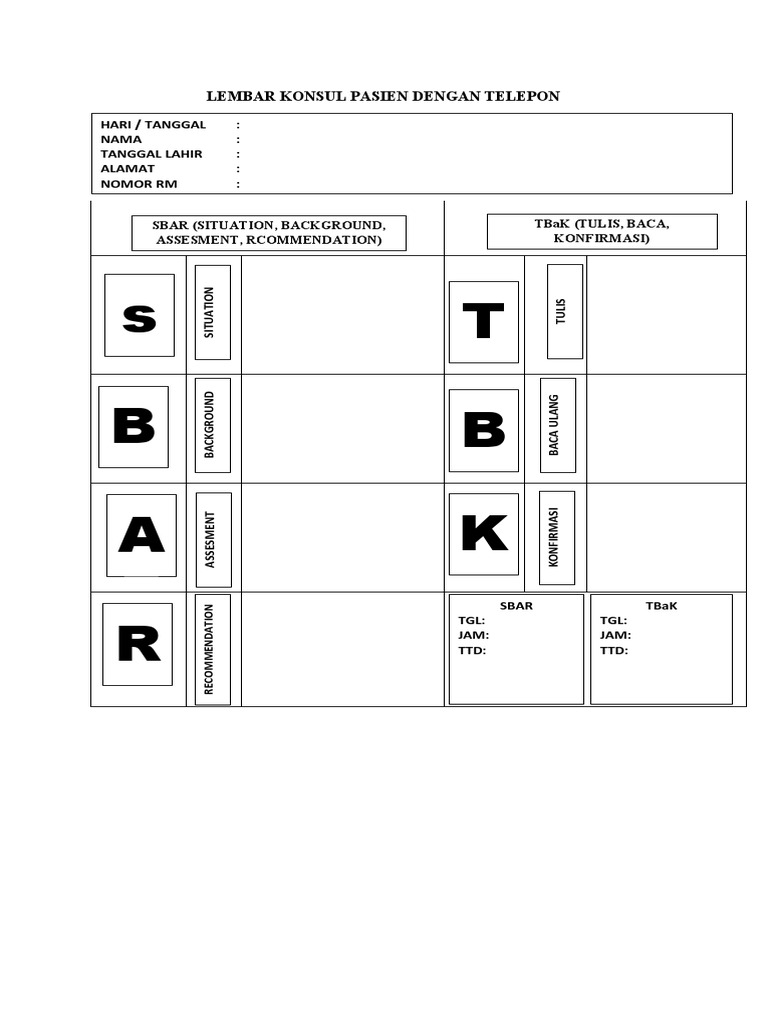 Form Sbar Tbak Pdf