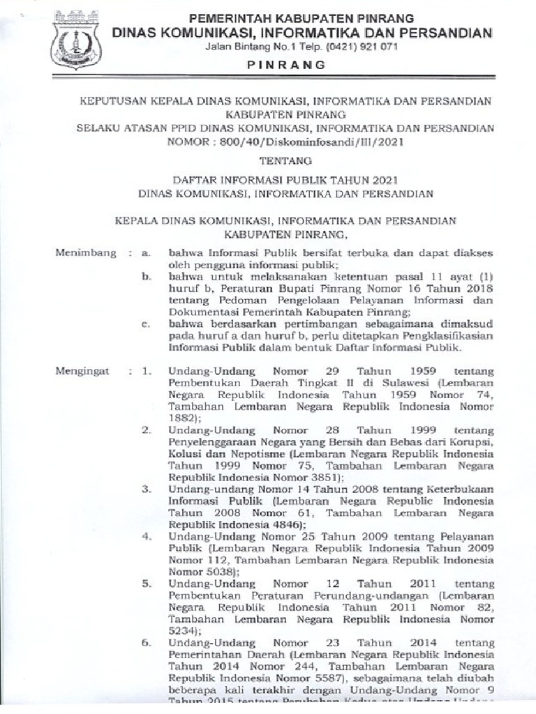 Daftar Informasi Publik Dinas Komunikasi, Informatika Dan Persandian | PDF