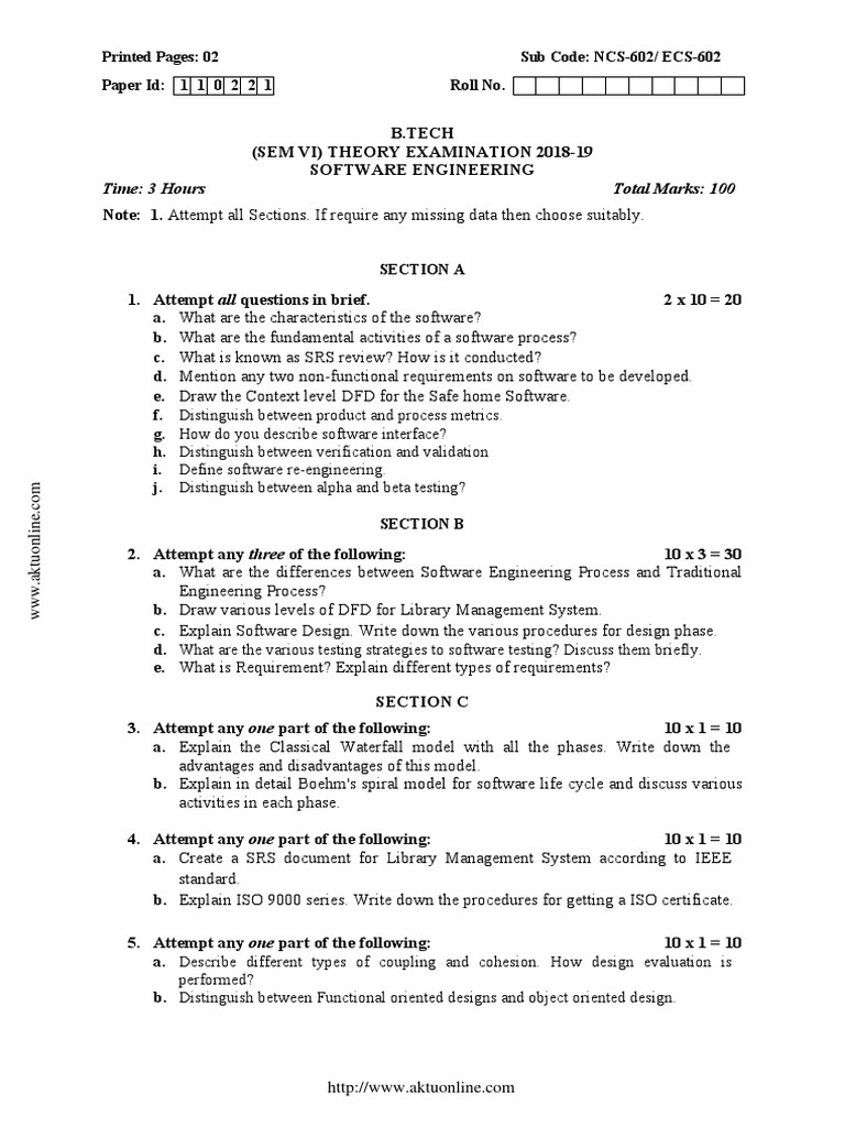 Btech Cs 6 Sem Software Engineering Ncs 602 2019 | PDF | Software ... Btech Cs 6 Sem Software Engineering Ncs 602 2019 | PDF | Software ...