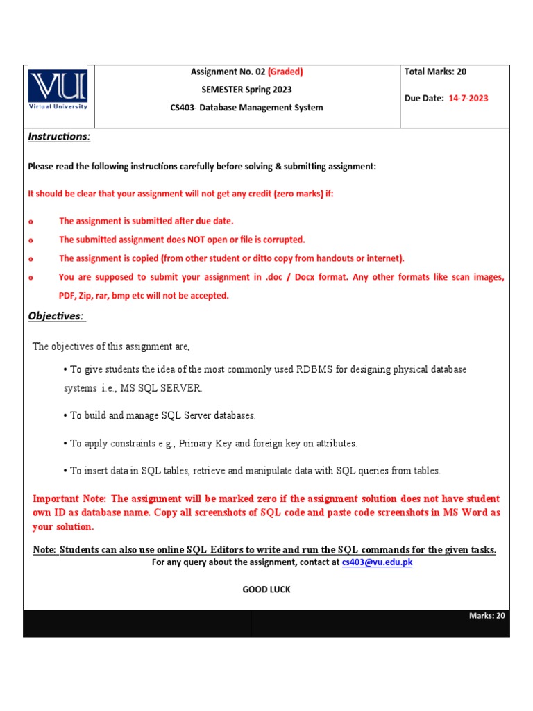 Spring 2023 - CS403 - 2 | PDF | Sql | Databases Spring 2023 - CS403 - 2 | PDF | Sql | Databases