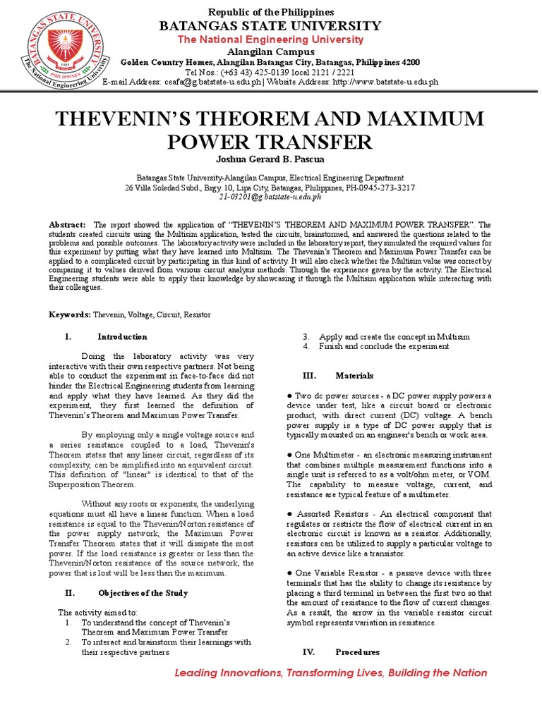 Thevenin's Theorem and Maximum Power Transfer | PDF | Electrical ...