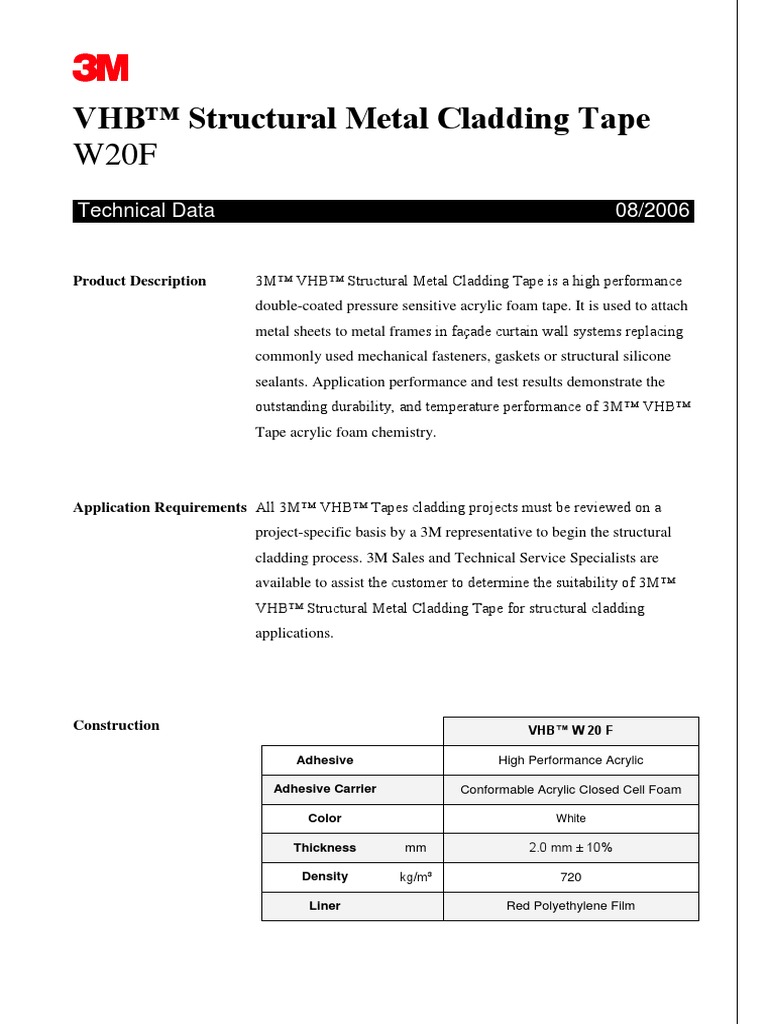 3M VHB Structural Cladding Tape W20F | PDF | Strength Of Materials | Metals