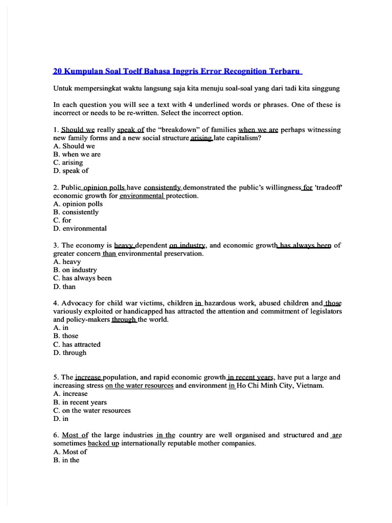 20 Kumpulan Soal Toelf Bahasa Inggris Error Recognition Terbaru 2 | PDF | Economies