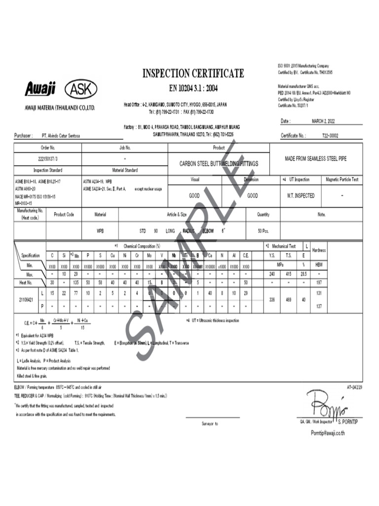 Mill Cert Sample Ask Awaji Elbow Japan | PDF