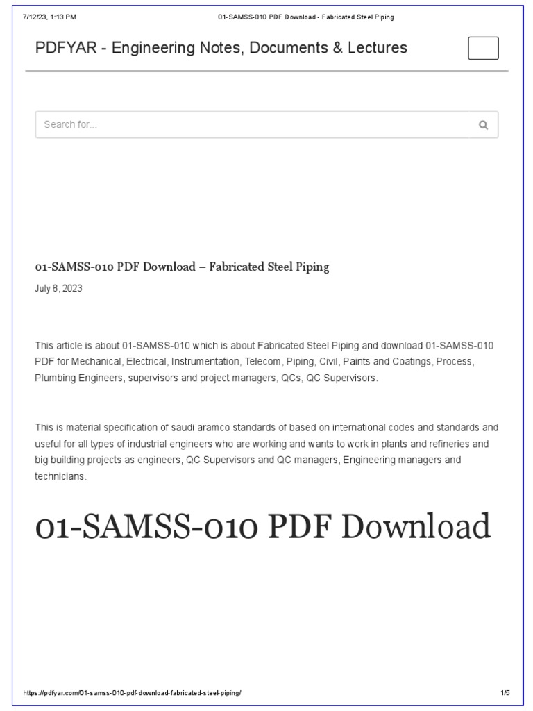 01-SAMSS-010 PDF Download - Fabricated Steel Piping | PDF | Pipe (Fluid Conveyance) | Materials