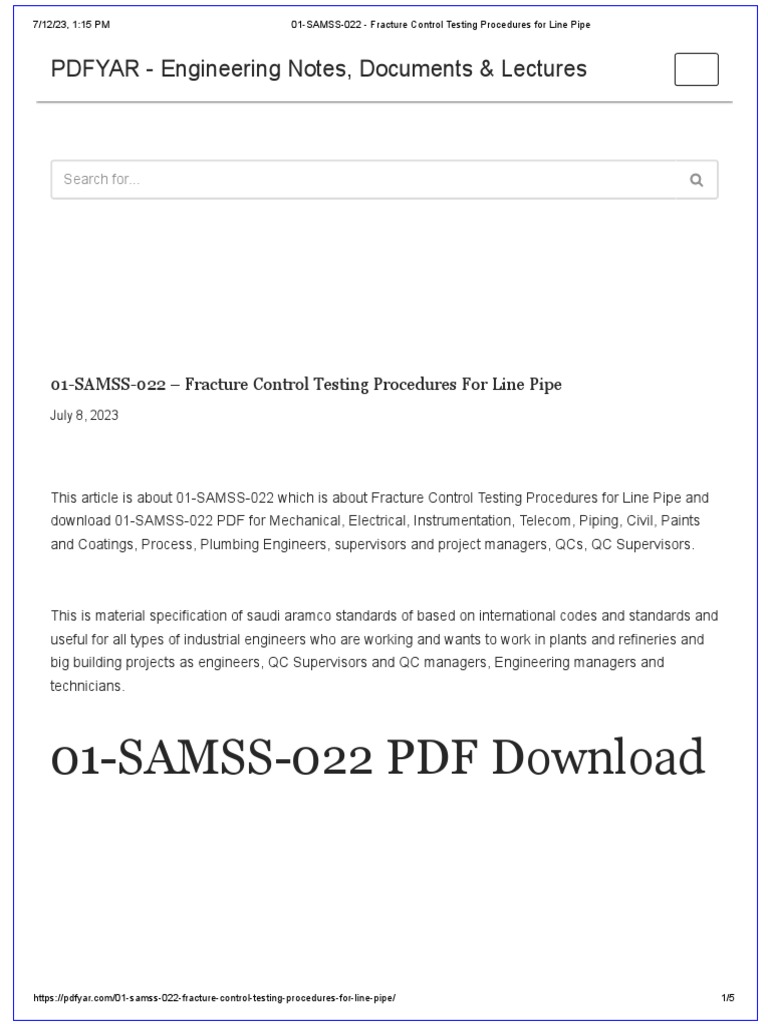 01-SAMSS-022 - Fracture Control Testing Procedures For Line Pipe | PDF ...