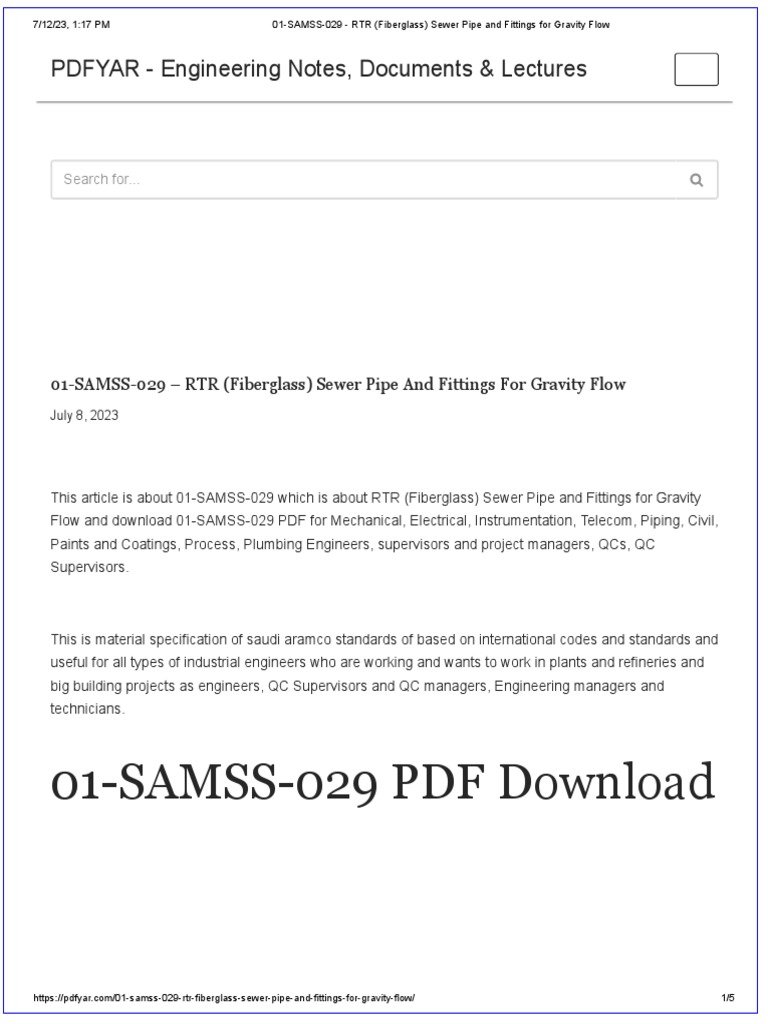 01-SAMSS-029 - RTR (Fiberglass) Sewer Pipe and Fittings For Gravity Flow | PDF | Pipe (Fluid ...