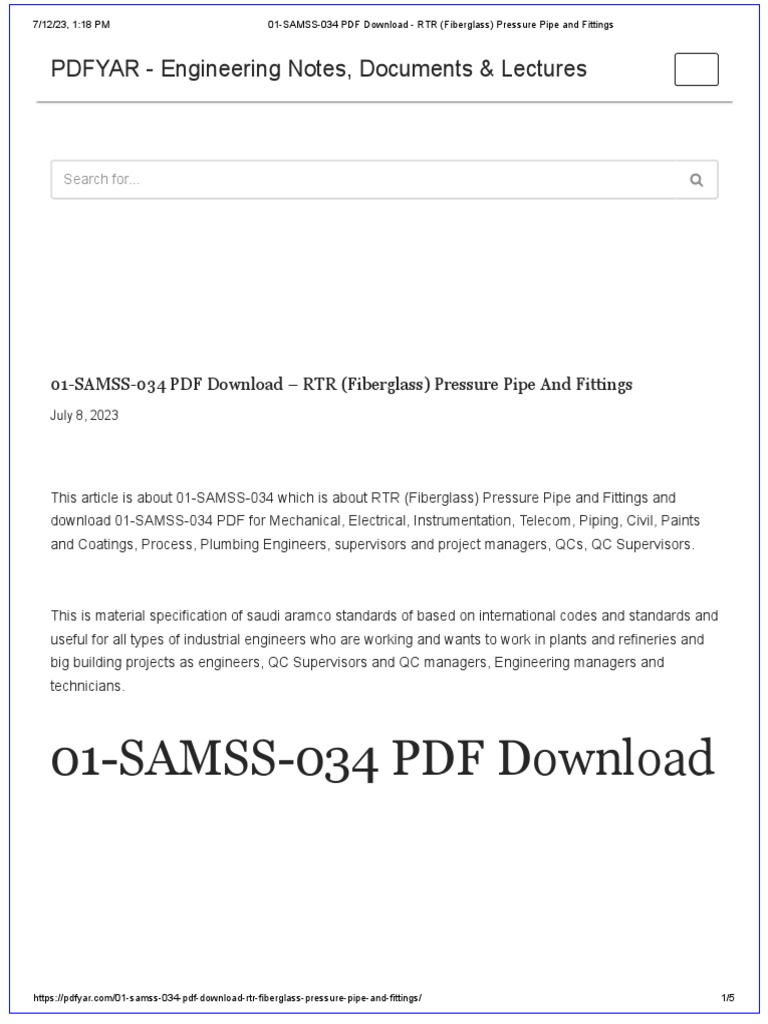01-SAMSS-034 PDF Download - RTR (Fiberglass) Pressure Pipe and Fittings | PDF | Pipe (Fluid ...