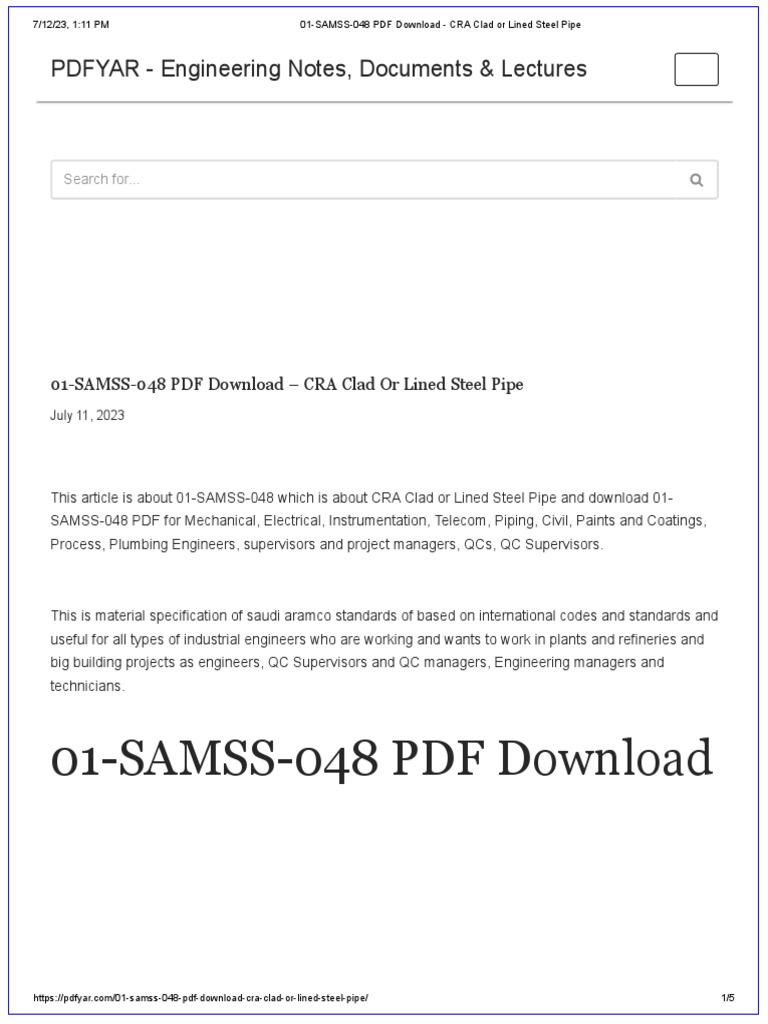 01-SAMSS-048 PDF Download - CRA Clad or Lined Steel Pipe | PDF | Pipe (Fluid Conveyance) | Corrosion