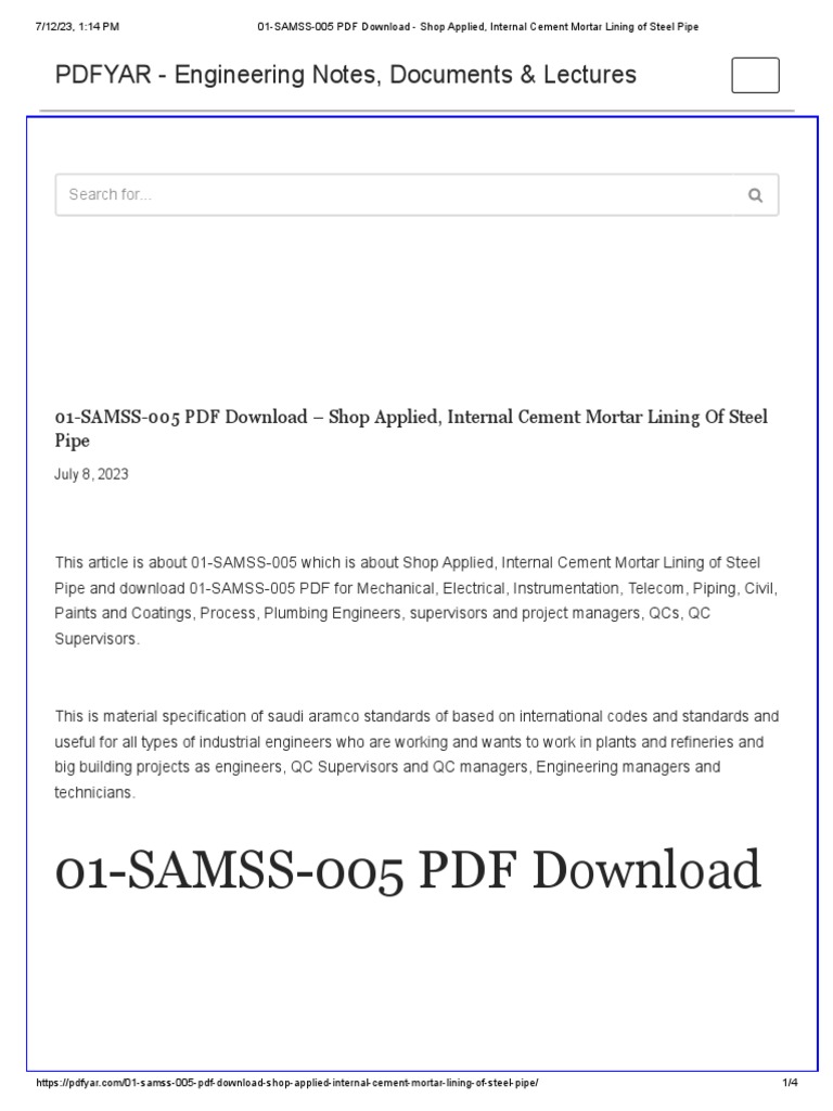 01-SAMSS-005 PDF Download - Shop Applied, Internal Cement Mortar Lining of Steel Pipe | PDF ...