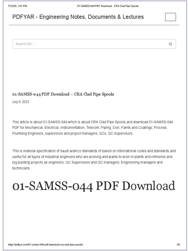 01-SAMSS-044 PDF Download - CRA Clad Pipe Spools | PDF | Pipe (Fluid Conveyance) | Applied And ...
