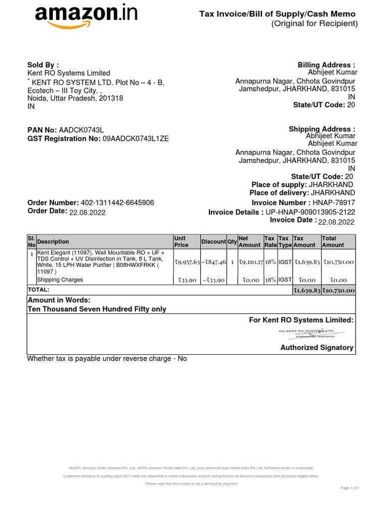 Kent RO Water Purifier Invoice | PDF | Invoice | Government Finances