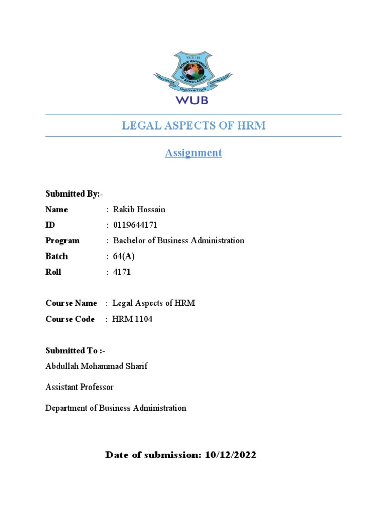 Assignment Legal Aspects of HRM | PDF | Employment | Economies