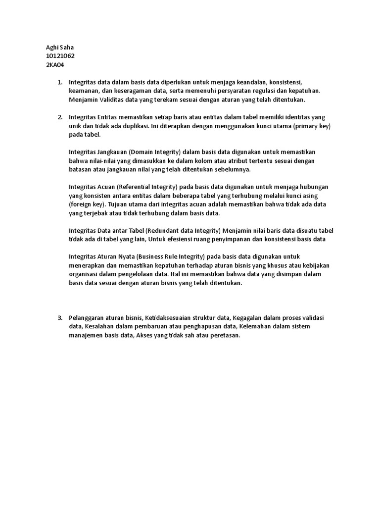 Aghi Saha - Tugas 2 - Integritas Basis Data | PDF | Komputer