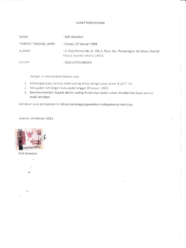 Surat Kehilangan Buku Service Mobil | PDF