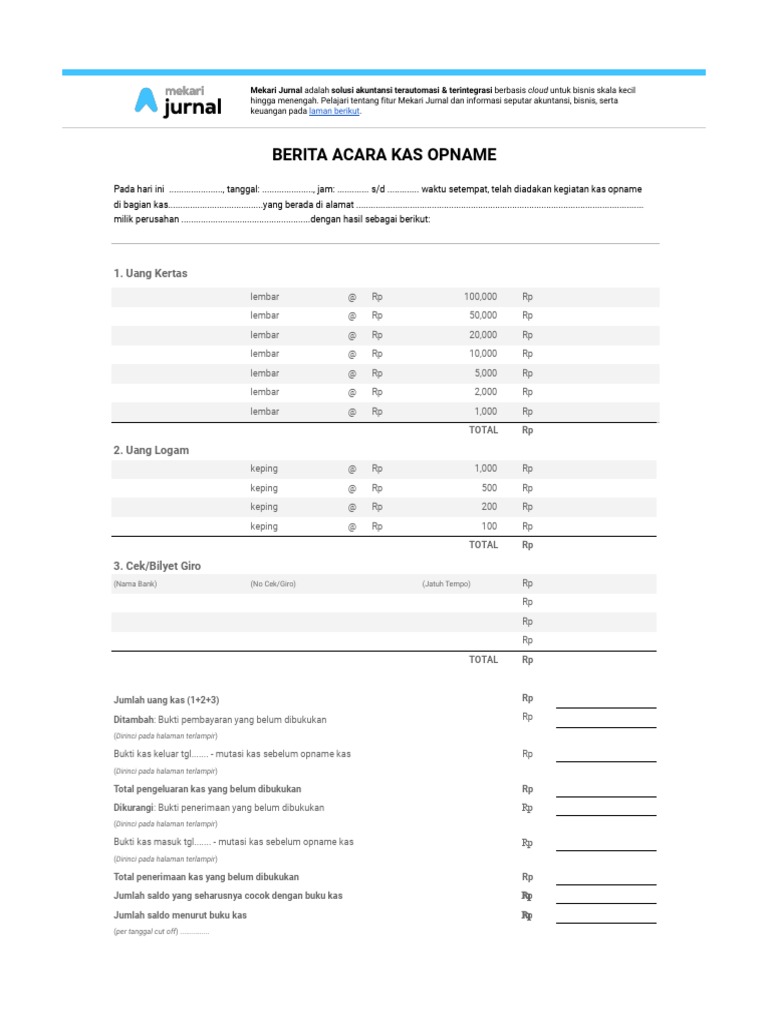 Laporan Kas Opname Akuntansi Mekari Jurnal | PDF