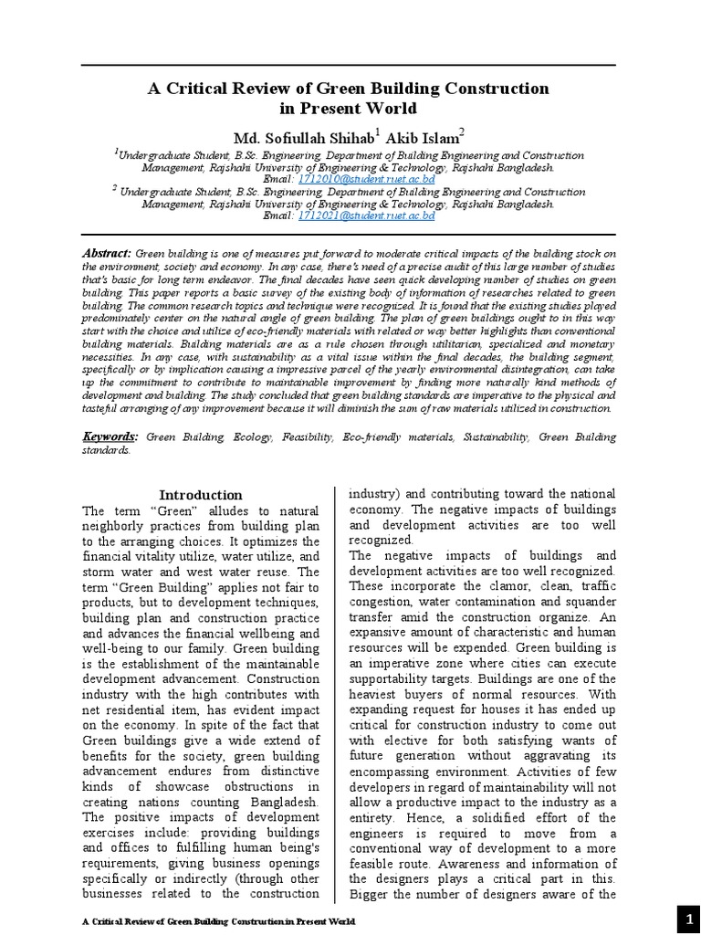 A Critical Review of Green Building Construction in Present World | PDF | Green Building ...
