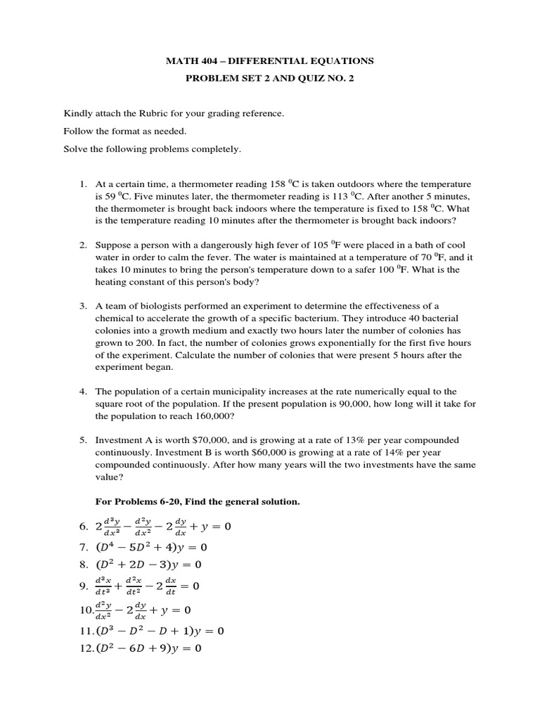 Differential Equations Problem Set 2 | PDF | Thermometer | Temperature