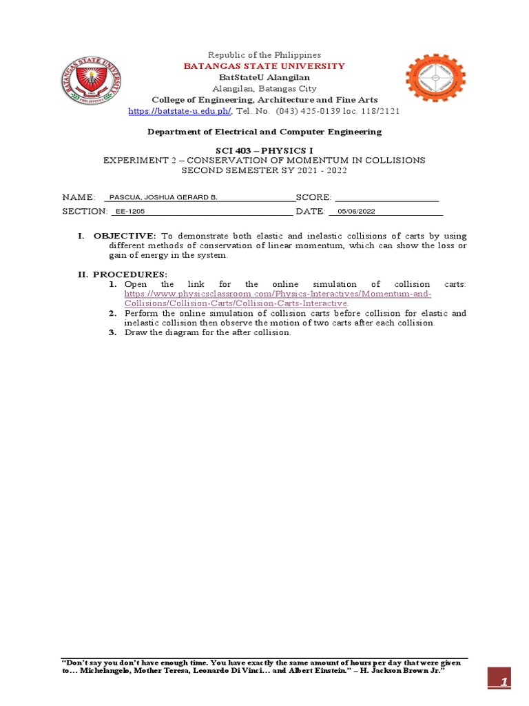 Joshua Gerard Pascua - Sci 403 - Laboratory Experiment 2 | PDF | Collision | Momentum