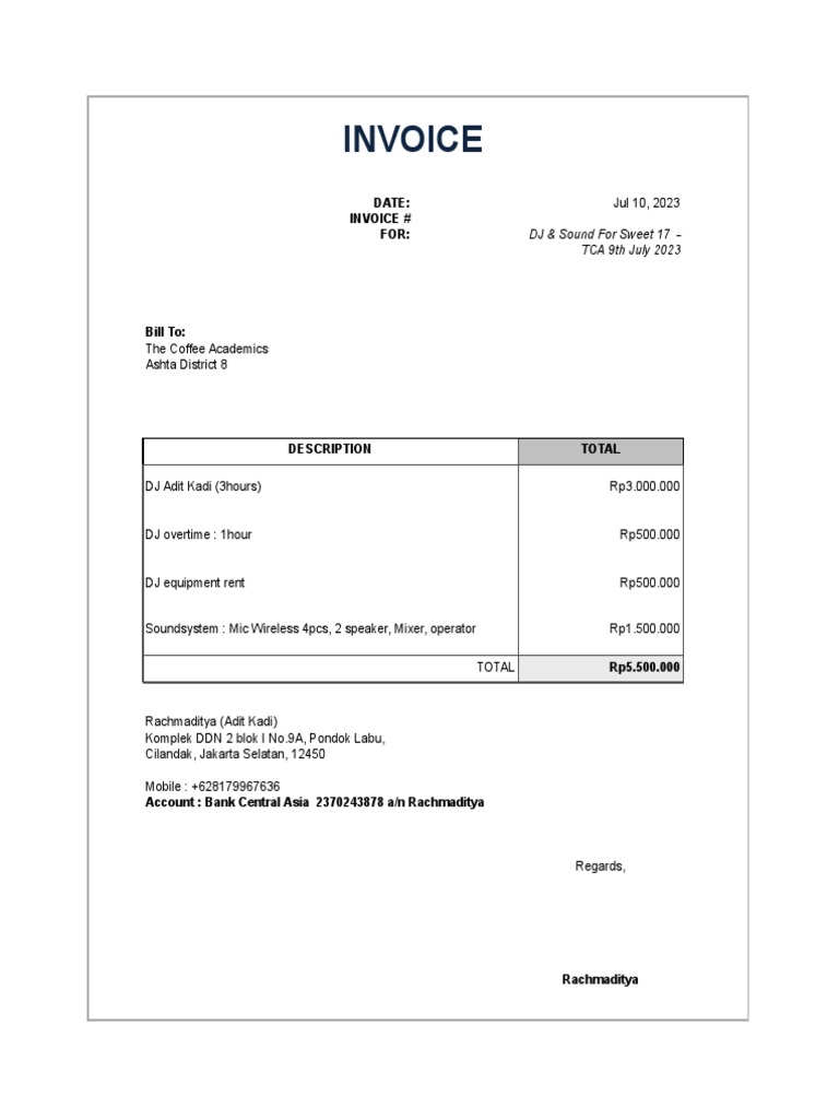 Invoice DJ & Sound TCA 9 July | PDF