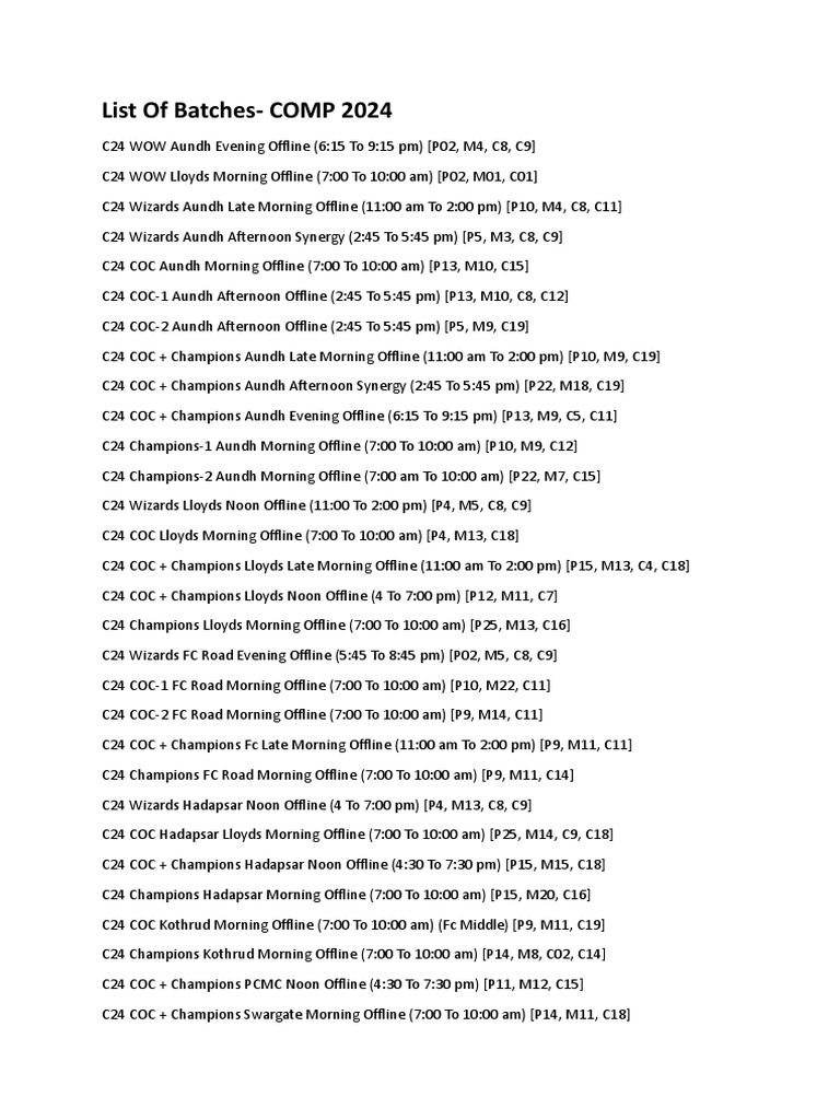 List of C 24 Batches With Times | PDF