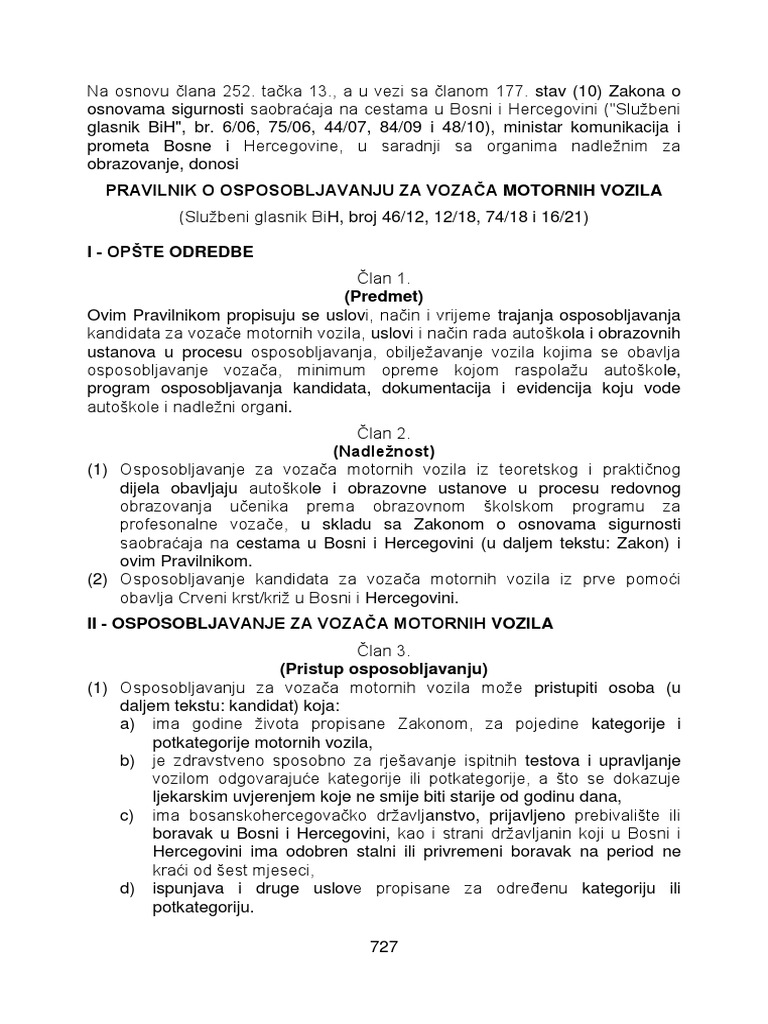 PRAVILNIK O OSPOSOBLJAVANJU ZA VOZACA MOTORNIH VOZILA - SGBiH 46 12 12 18 74 18 I 16 21 ...