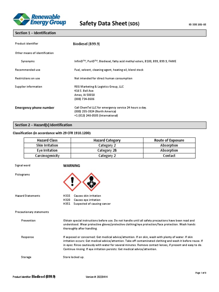 SDS - US Biodiesel B99 | PDF | Dangerous Goods | Superfund