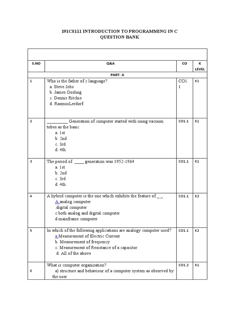 191CS111 Introduction To Programming in C | Download Free PDF | Pointer ... 191CS111 Introduction To Programming in C | Download Free PDF | Pointer ...