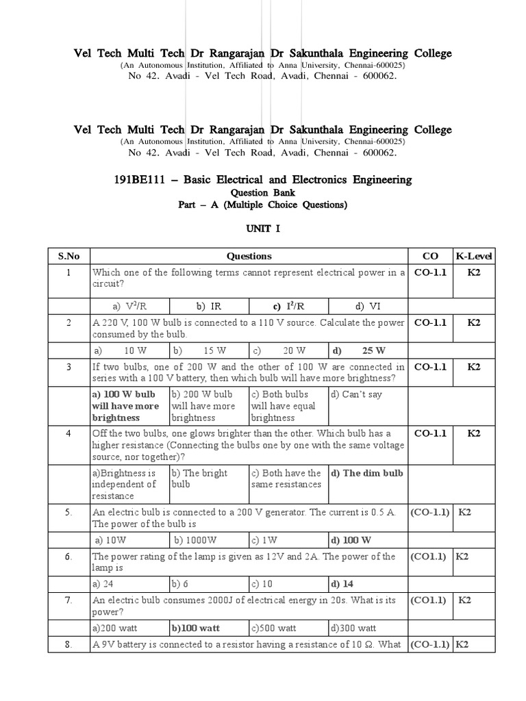 Electrical Engineering Question Bank | PDF | Electrical Resistance And ...
