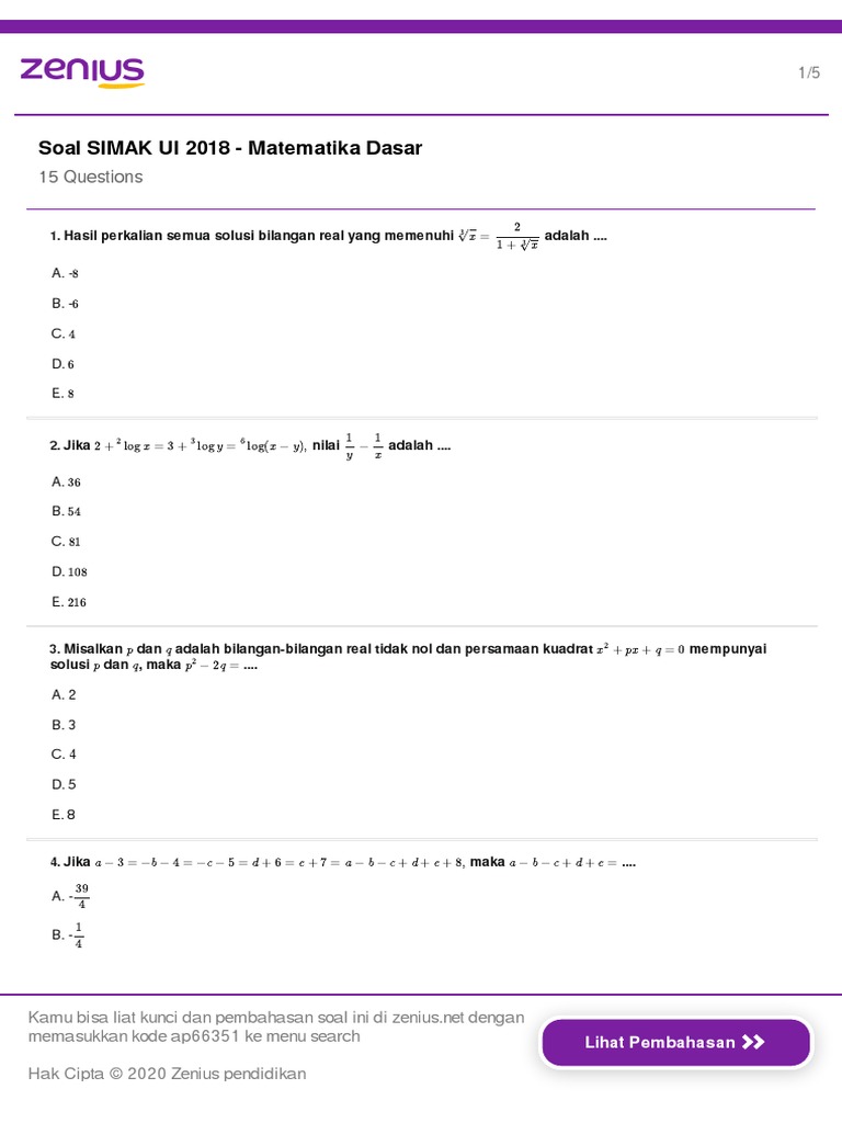 Soal SIMAK UI 2018 - Matematika Dasar | PDF