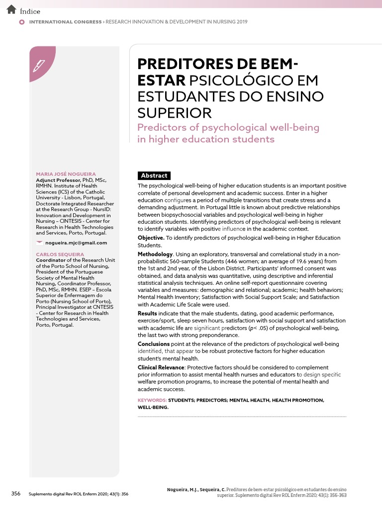 Preditores de Bem Estar Psicologico em Estudantes Do Ensino Superior ...