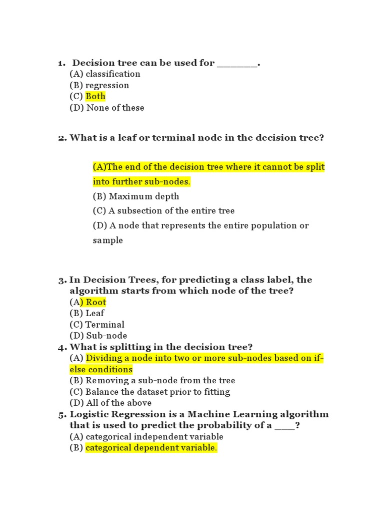 Decision Tree and Logistic Regression MCQs | PDF