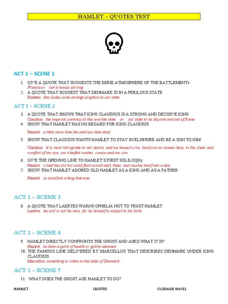 Hamlet - Quotes Test - Answers | PDF | Hamlet | Plays Based On European ...
