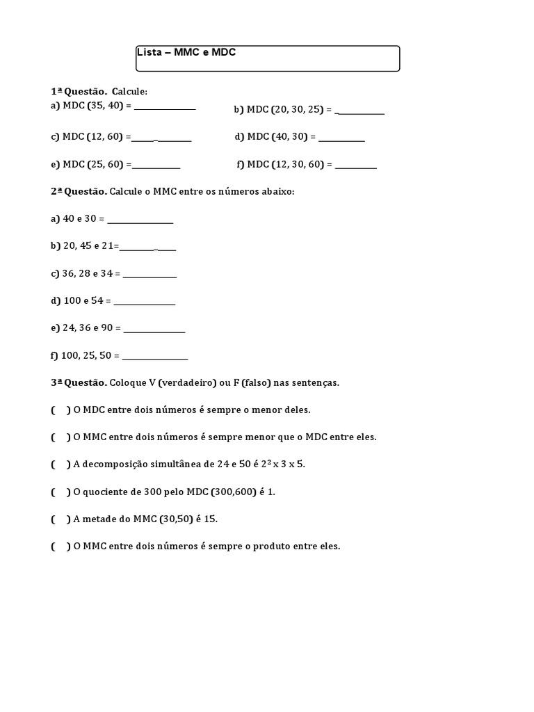 Atividades MMC e MDC 6º Ano | PDF | Tempo | Avião