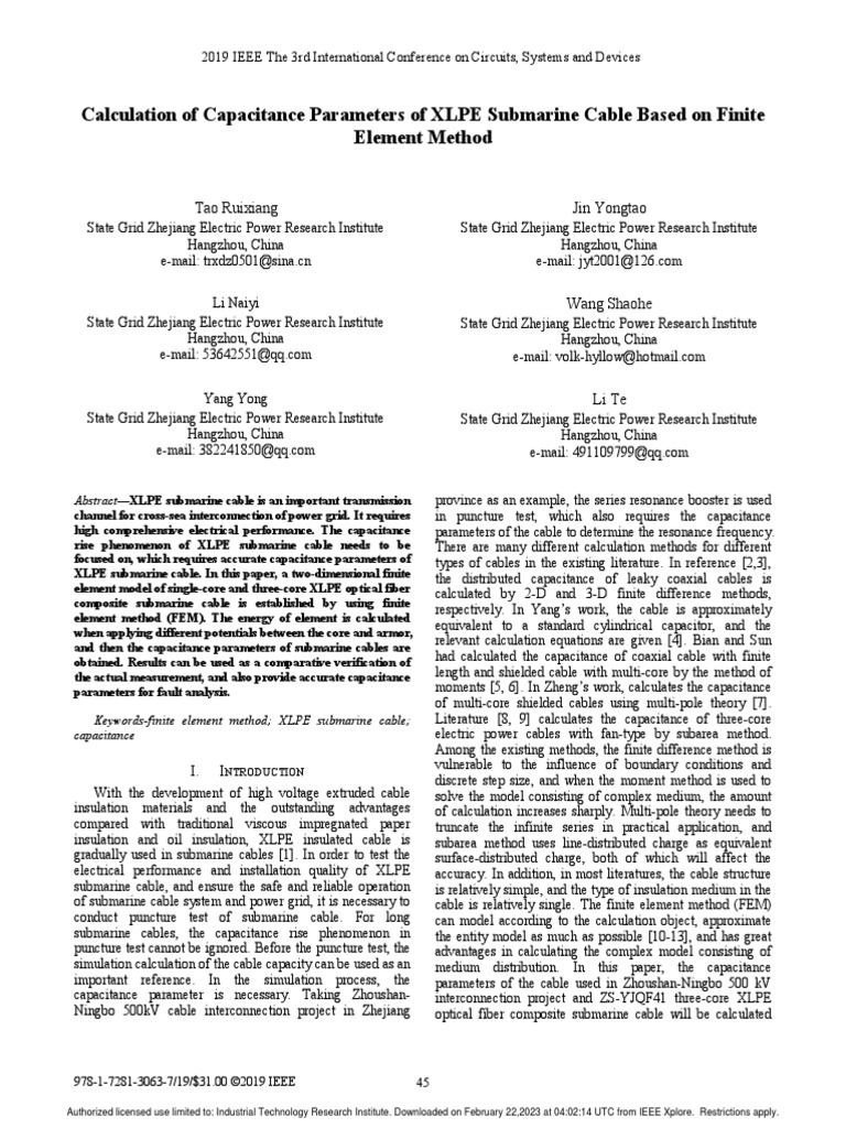 Calculation of Capacitance Parameters of XLPE Submarine Cable Based On Finite Element Method ...