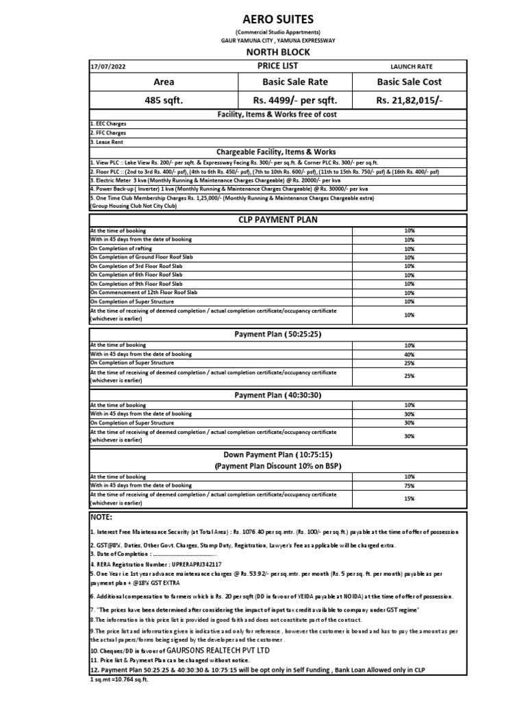 Aero Suites Price List DT 17.07.2022 (North Block) | PDF | Prices ...