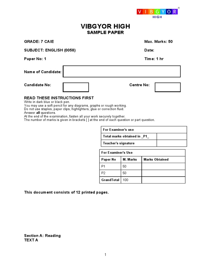 CAIE - Gr7 - English - P1 - Sample QP | PDF | China | World Politics