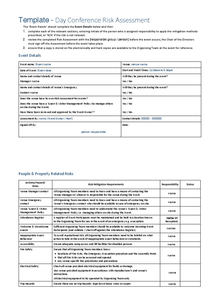 Template For Day Conference Risk Assessment | PDF | Food Safety | Risk