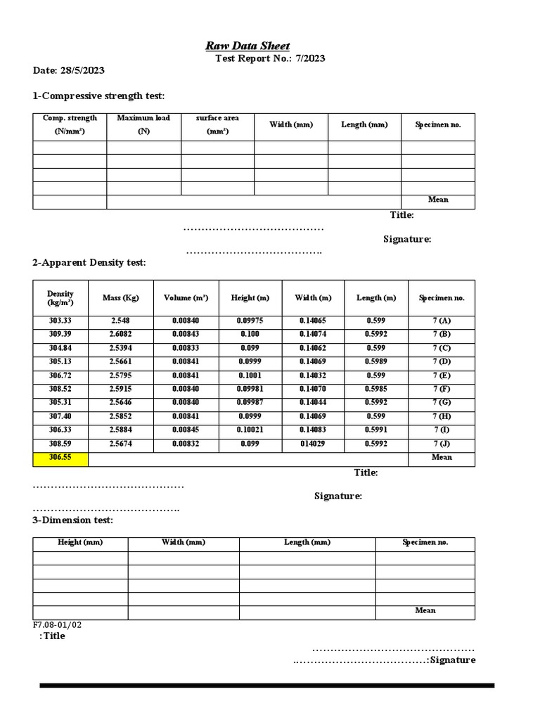 Raw Data Sheet 7-2023 | PDF | Quantity | Physical Quantities