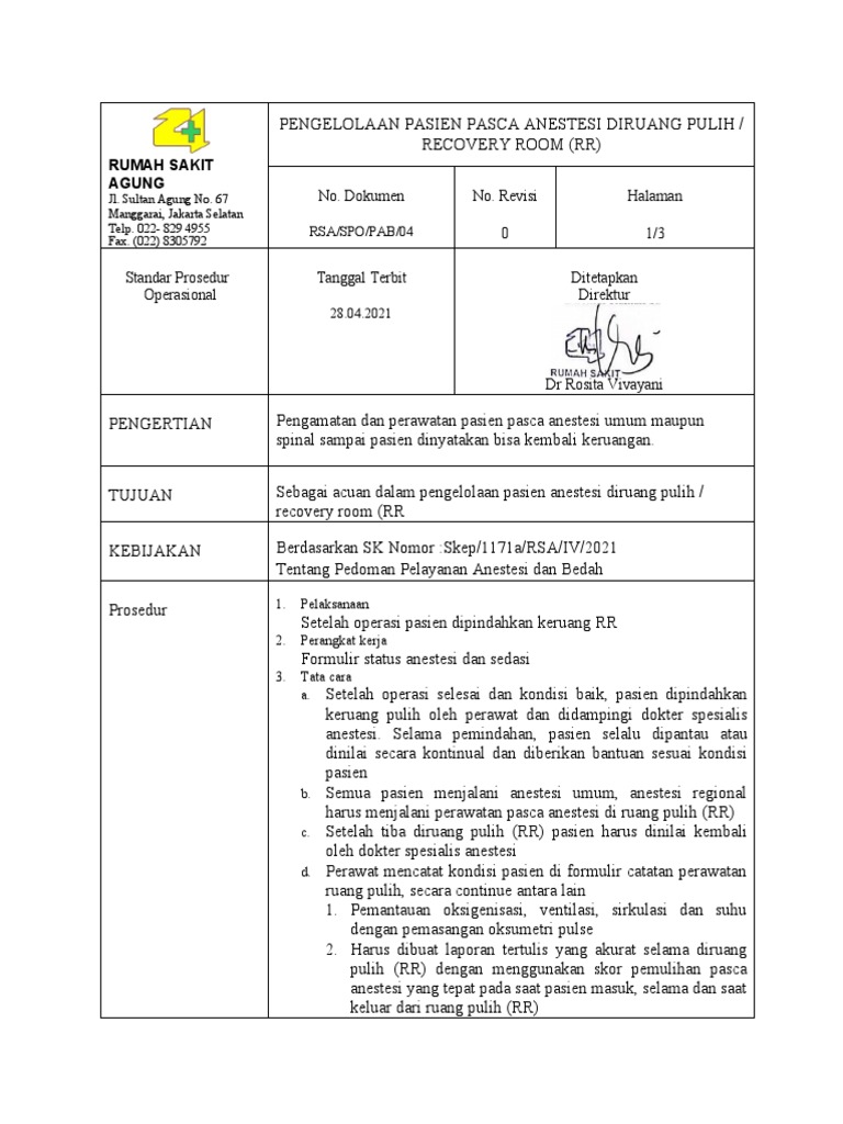 Pengelolaan Pasien Pasca Anestesi Di Ruang Pulih (RR) | PDF