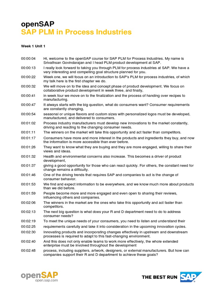 openSAP plm2 Week 1 Transcript | PDF | Product Lifecycle | Supply Chain