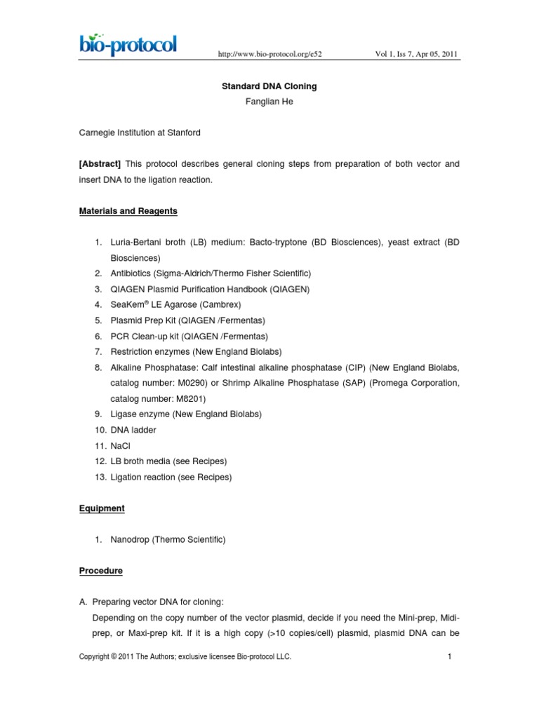 Bio Protocol52 | PDF | Molecular Cloning | Dna Ligase