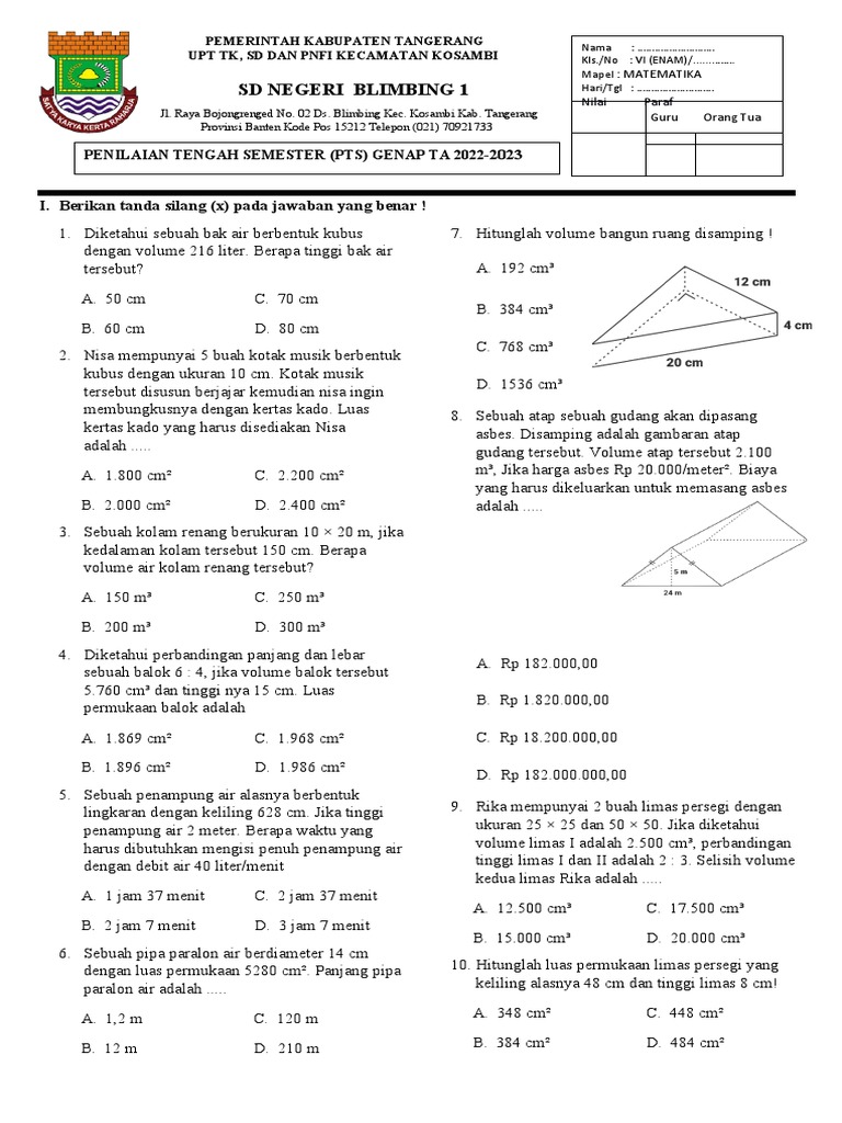 Soal PTS MTK Kelas 6 Semester 2 | PDF