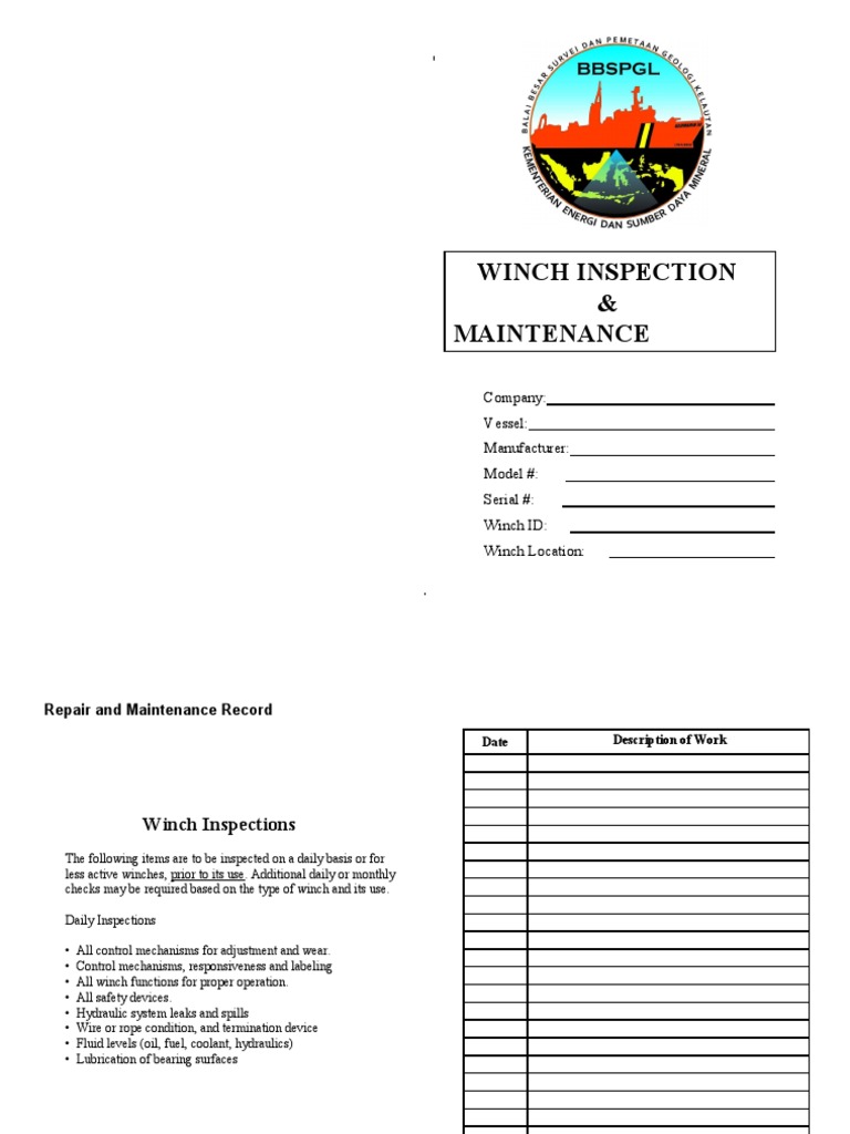 Winch Maintenance Record | PDF | Computers | Technology & Engineering