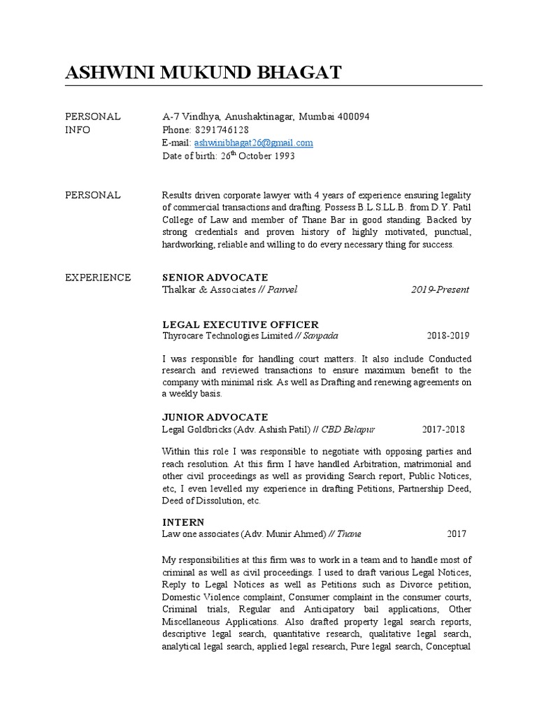 Ashwini Mukund Bhagat Resume | PDF | Advocate | Justice